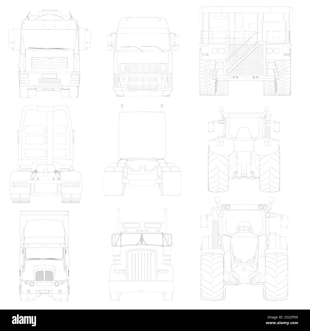 Series of drawings of a truck. The drawings are all different angles ...