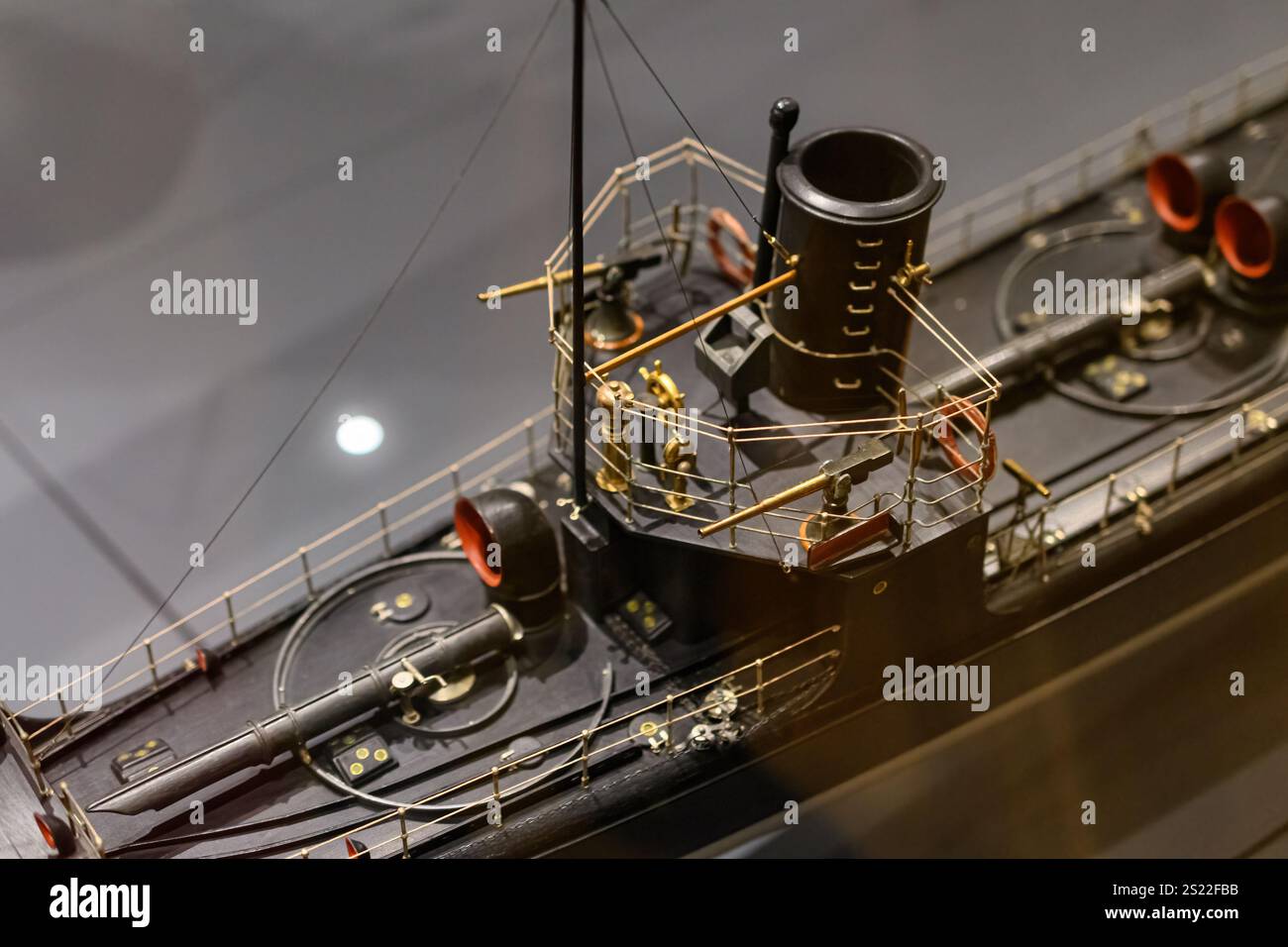 Model detail of the 1906 German torpedo boat GI-32, showing an elevated ...