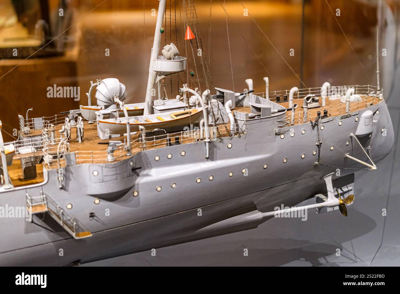 Model feature of the 1904 German Cruiser Bremen, showing a side view of ...