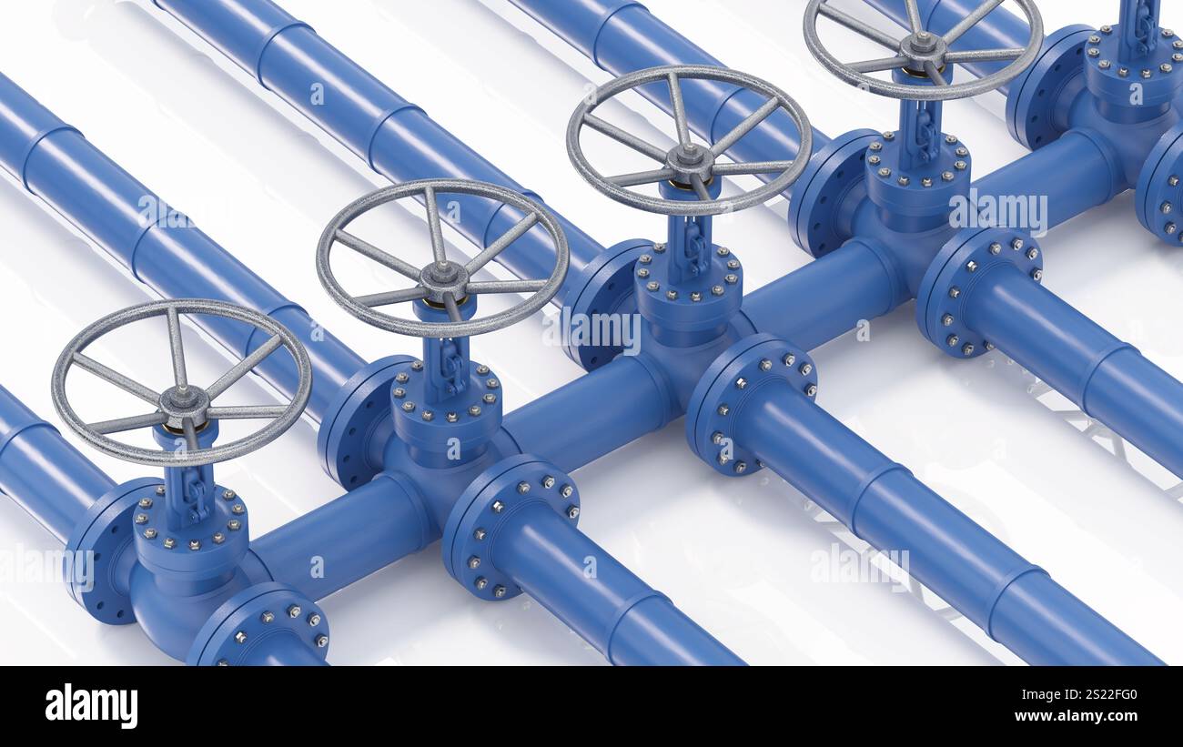 Blue gate valves connected to the pipeline. 3D illustration Stock Photo ...