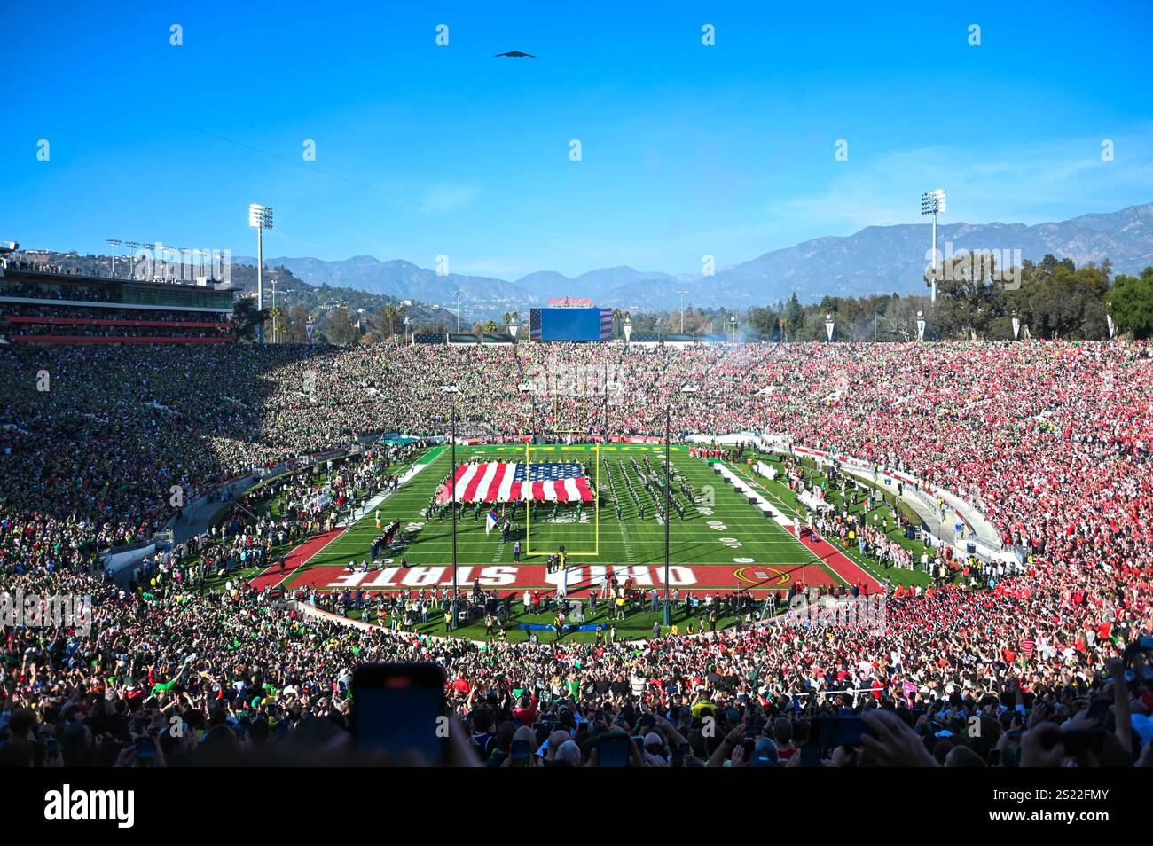 General overall view of the Rose Bowl Stadium as the Northrop B-2 Spirit flyover during the Rose ...