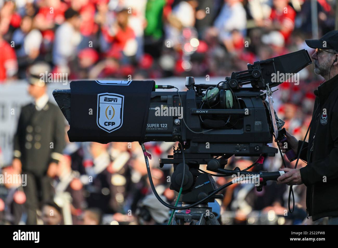 Detailed view of the ESPN x CFP logos on a broadcast camera during the ...