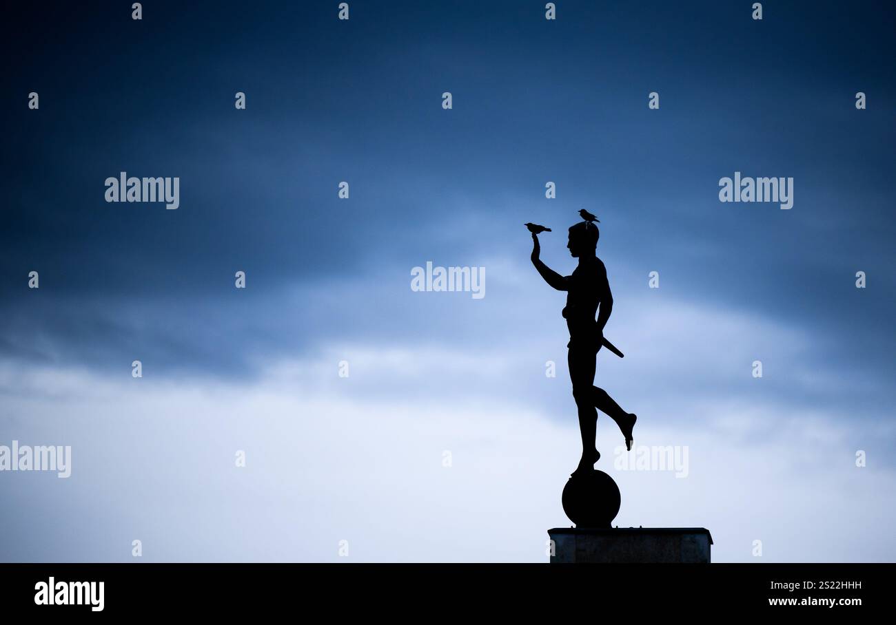 Hanover, Germany. 06th Jan, 2025. Birds sit on the statue "Torchbearer ...