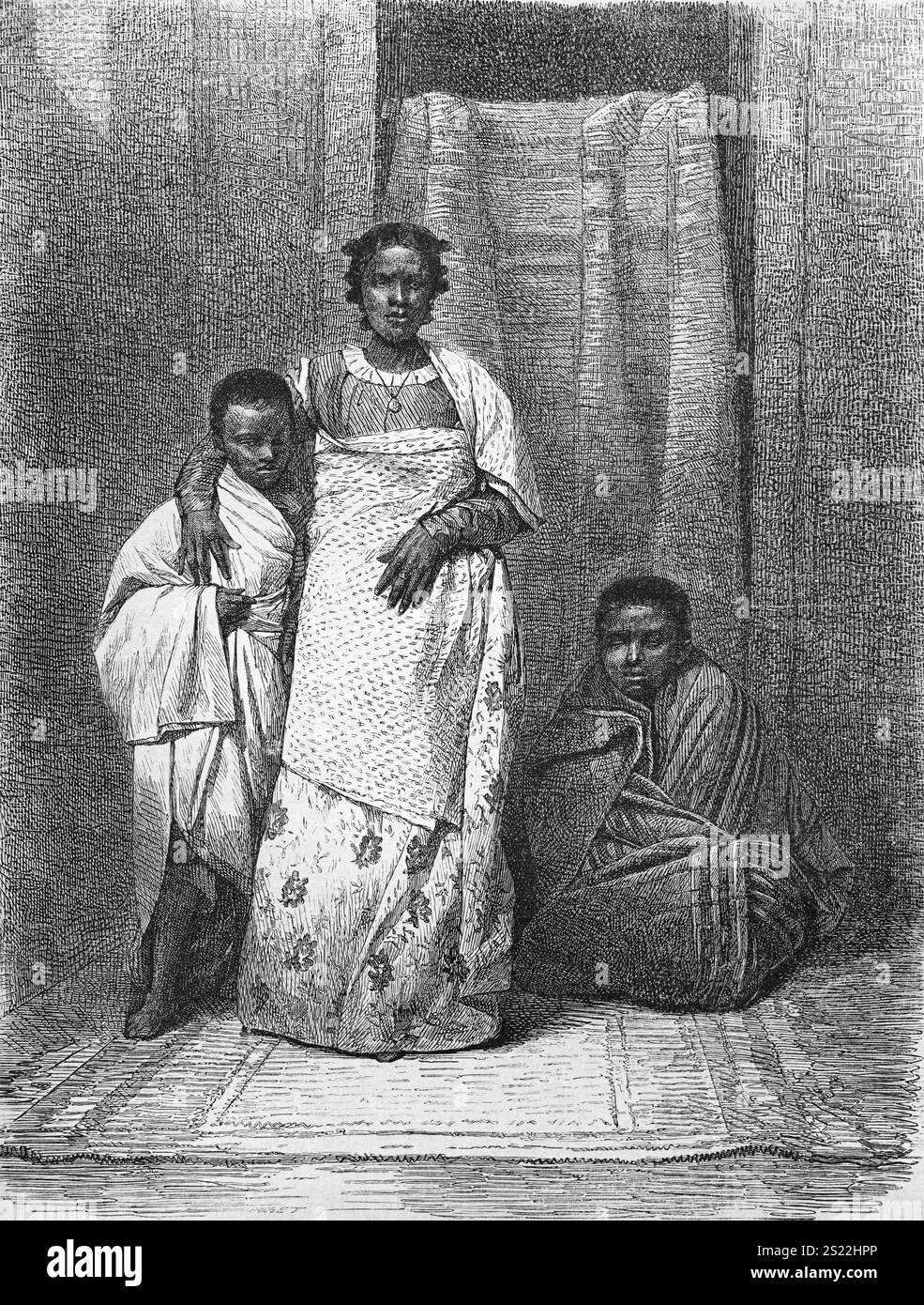 Portrait of Malagasy Woman and Her Children or Boys Wearing Traditional ...