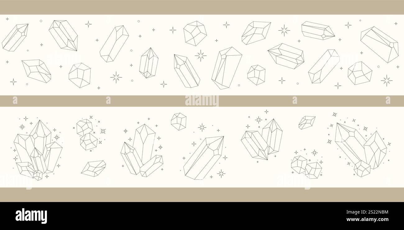 Celestial gemstones seamless border. Crystal thin line set. Simple ...
