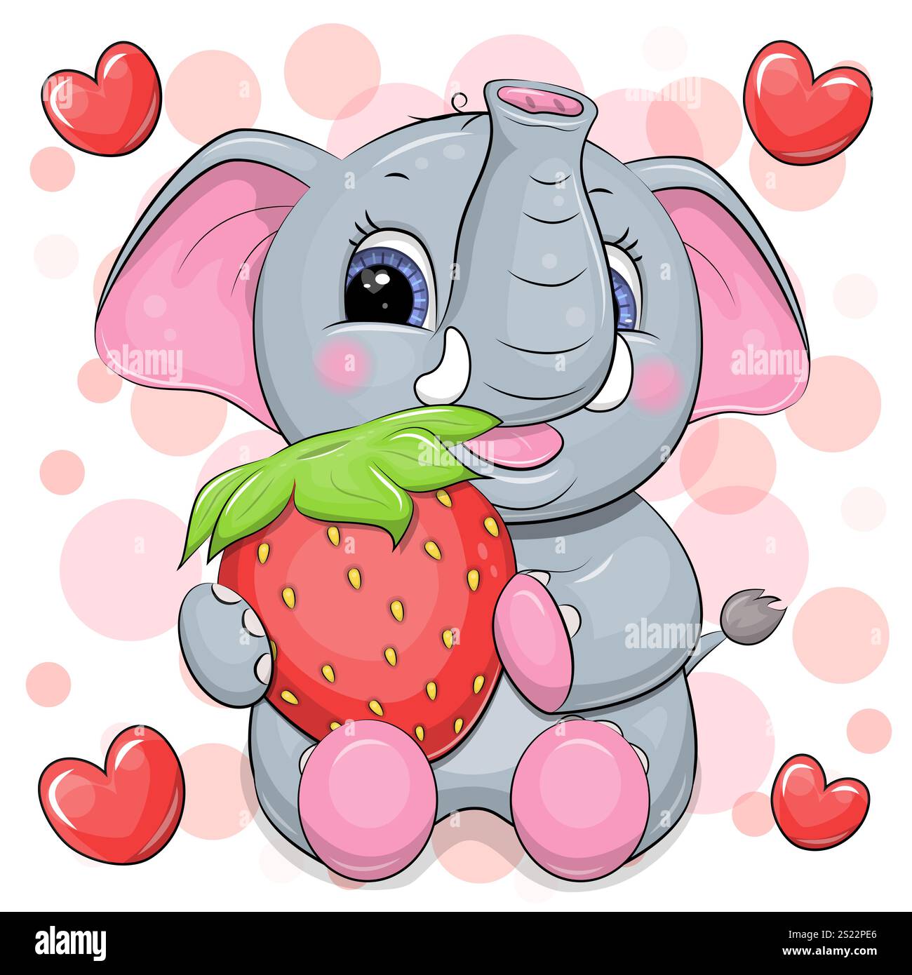 A cute cartoon elephant holding a red strawberry. Vector illustration ...