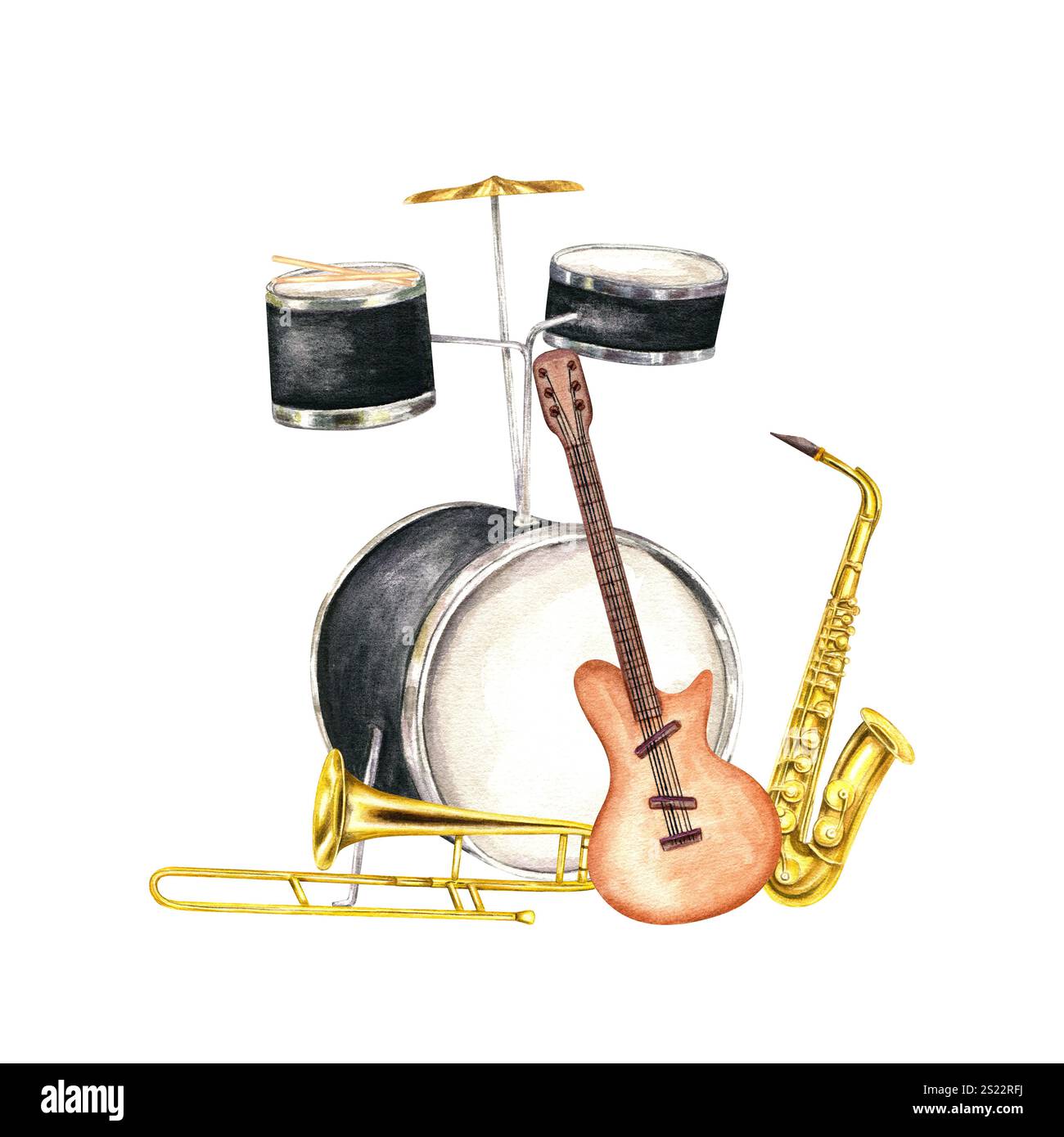 Watercolor musical percussion, string and wind instruments illustration ...