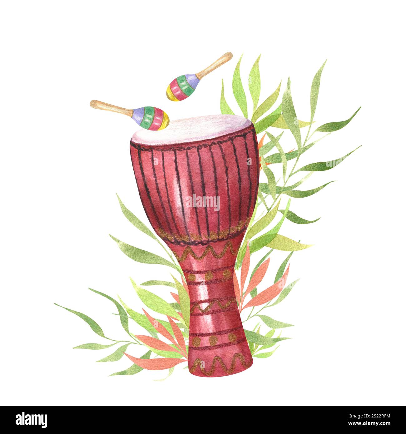 Djembe drum with colored maracas among abstract foliage watercolor ...