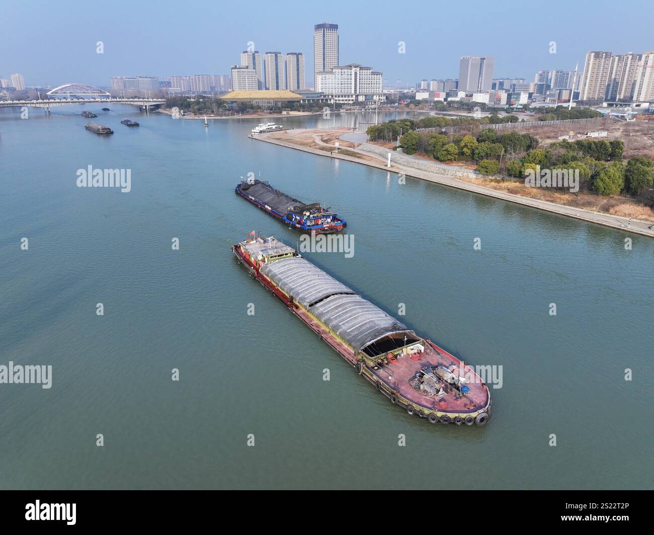 Aerial photo shows cargo ships sailing in the Yangzhou section of the ...