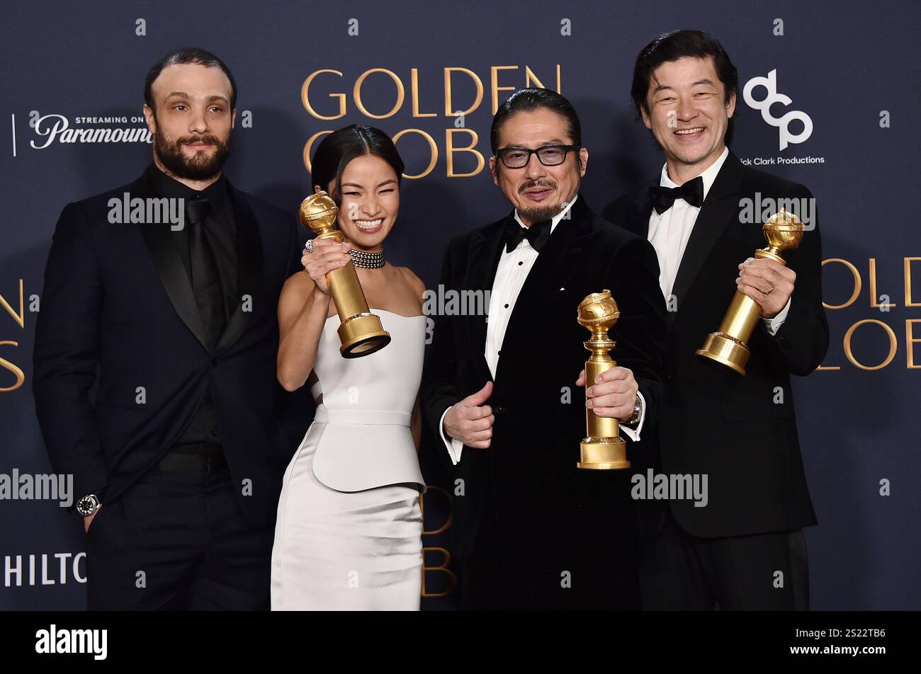 Beverly Hills, USA. 05th Jan, 2025. Cosmo Jarvis, Tadanobu Asano, Anna Sawai and Hiroyuki Sanada ...