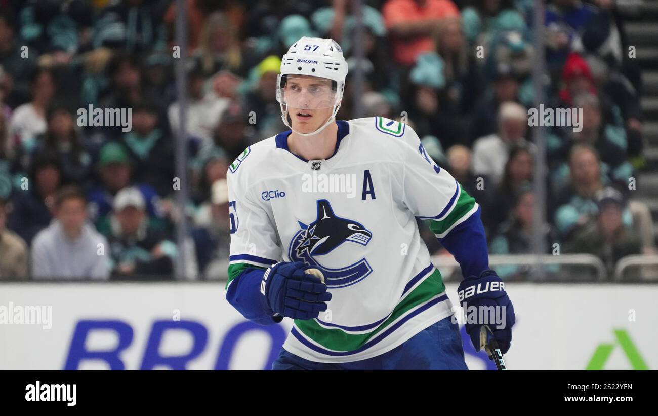 Vancouver Canucks defenseman Tyler Myers in action against the Seattle ...