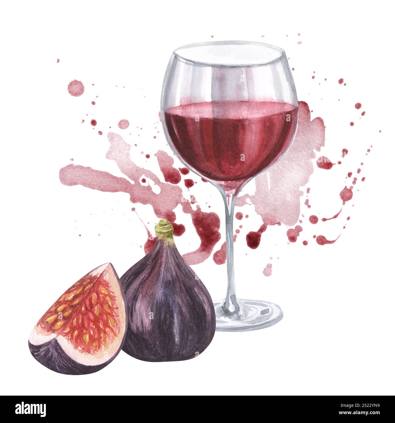 Watercolor illustration food. Glass of red wine and splashes, stains ...