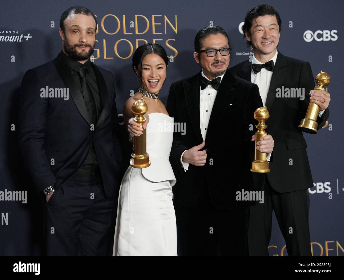 Los Angeles, USA. 05th Jan, 2025. (L-R) SHOGUN Cast - Cosmo Jarvis, Anna Sawai, Hiroyuki Sanada ...