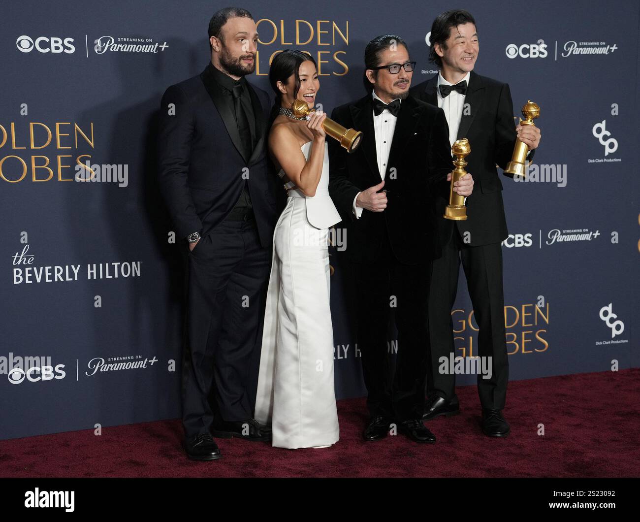 Los Angeles, USA. 05th Jan, 2025. (L-R) SHOGUN Cast - Cosmo Jarvis, Anna Sawai, Hiroyuki Sanada ...