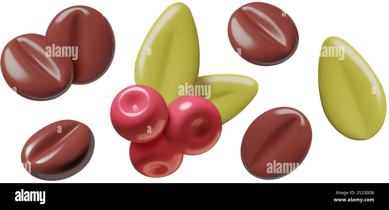 Roasted coffee beans cherries and green leaves 3d design elements set Stock Vector Image & Art ...