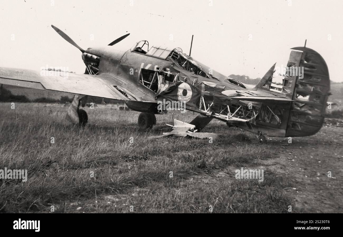 Hurricane of 615 Squadron, badly damaged by bomb blast at RAF Kenley ...