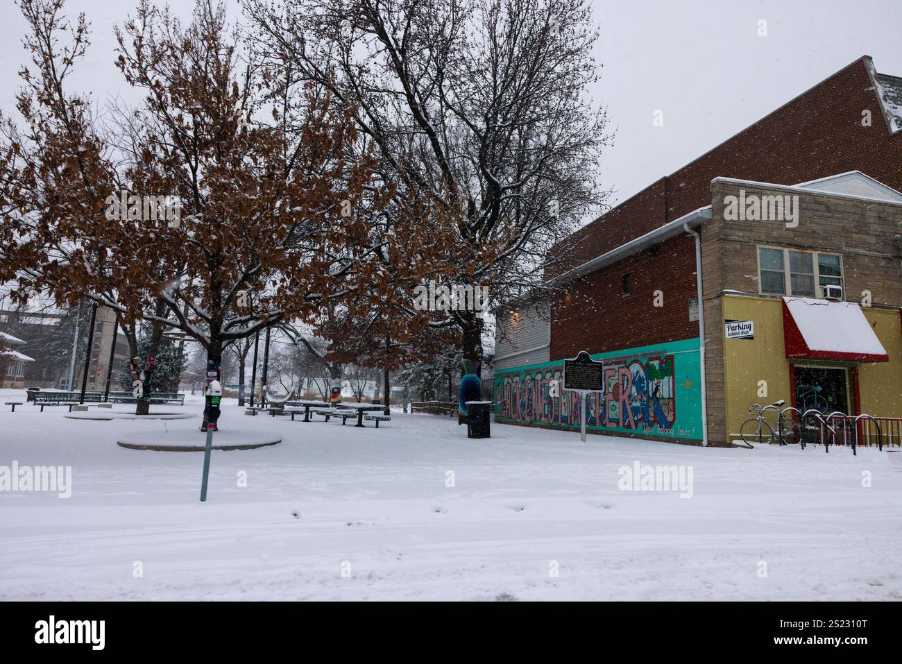 Peoples Park is empty and covered in snow during a major winter storm ...