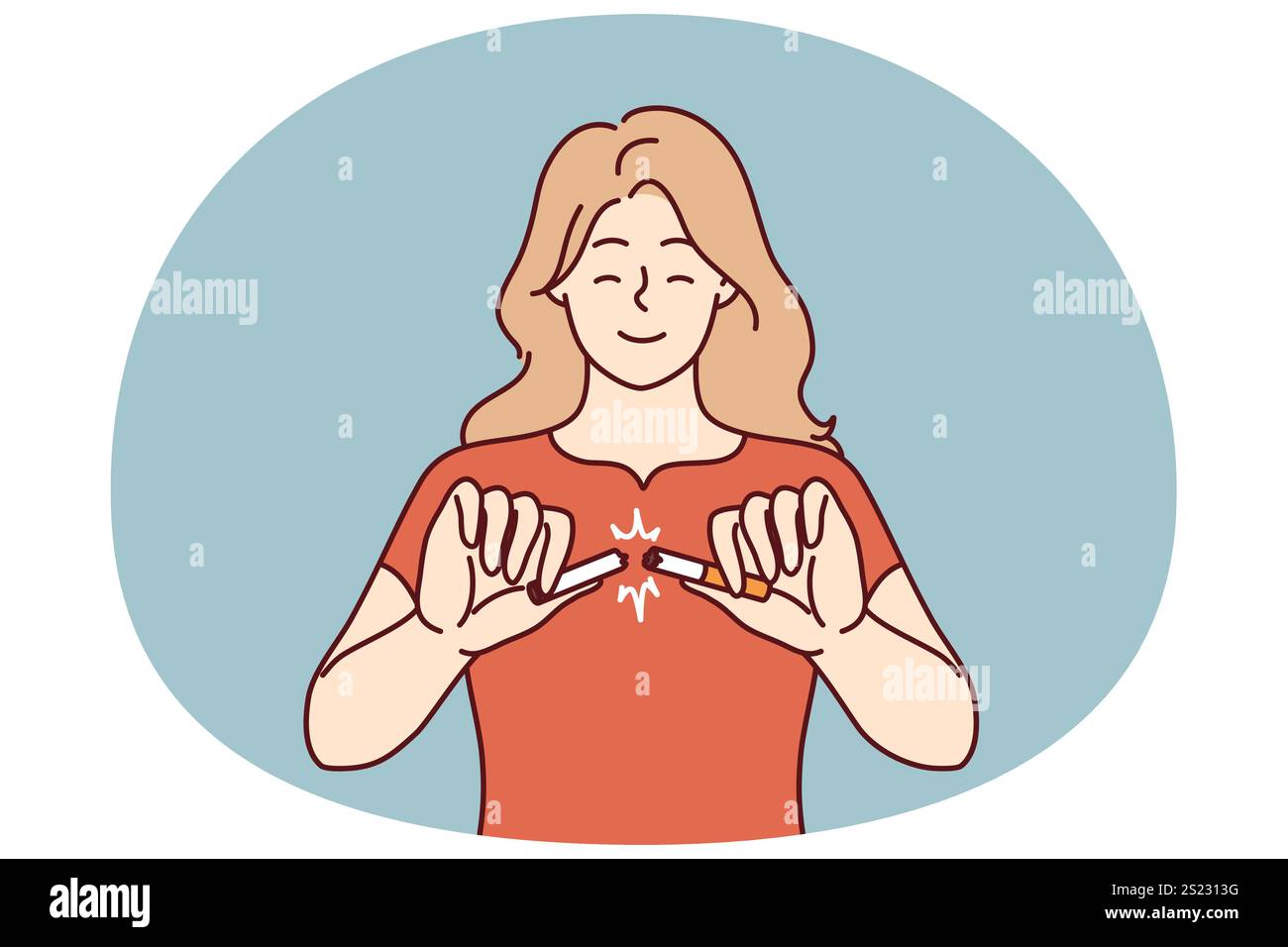 Woman with smile breaks cigarette as sign of fight against nicotine ...