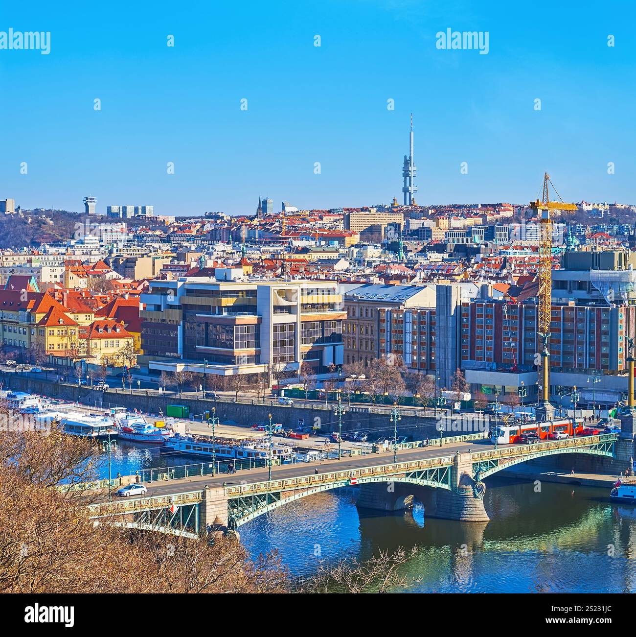 Historic Cech Bridge across the Vltava, Dvorak Embankment and Prague ...