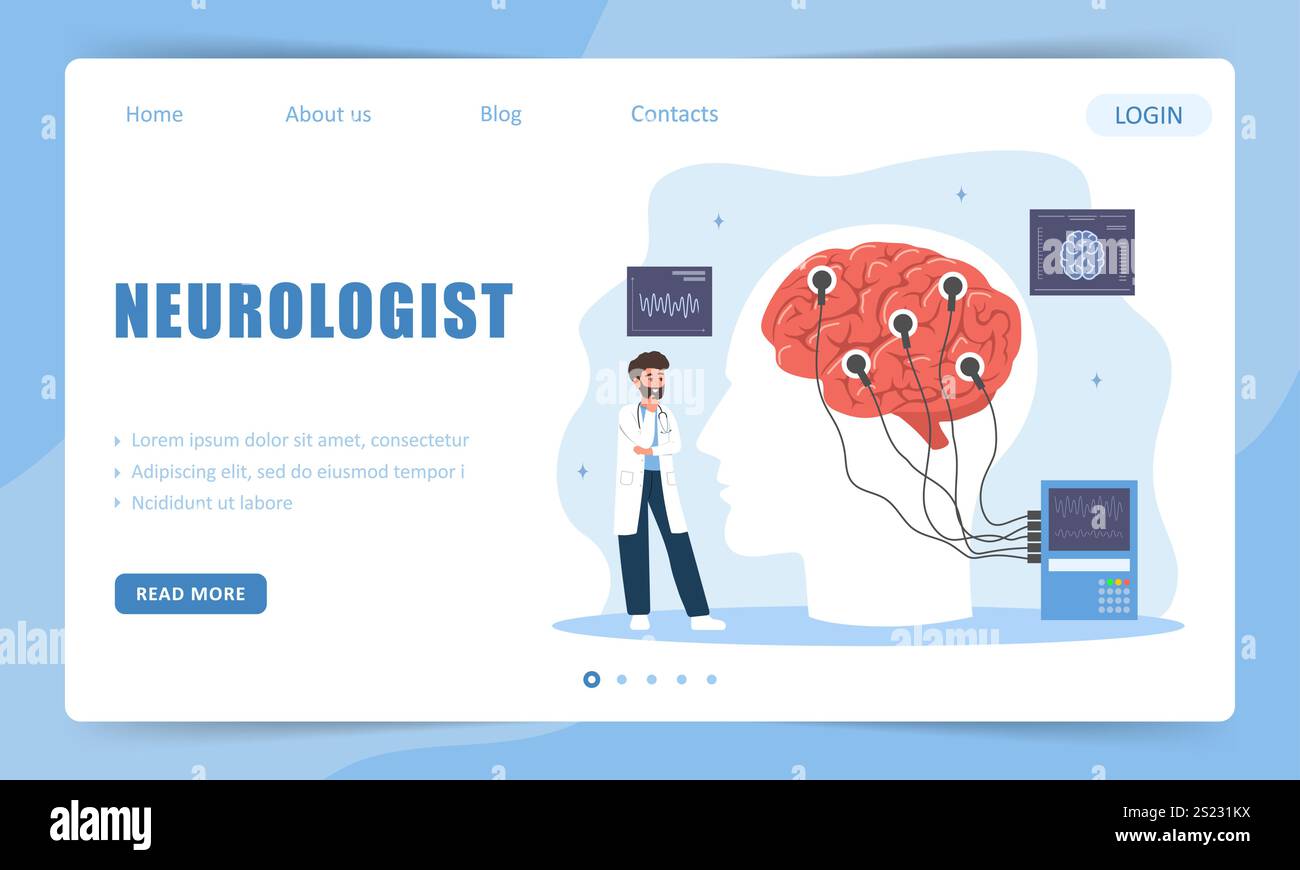 Neurologist concept. Landing page template. Male doctor examine human brain ...