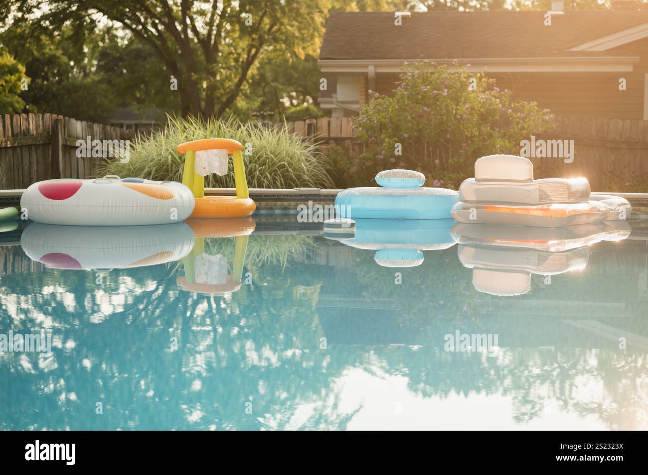 Pool floats in a backyard pool with warm sunlight and greenery Stock ...