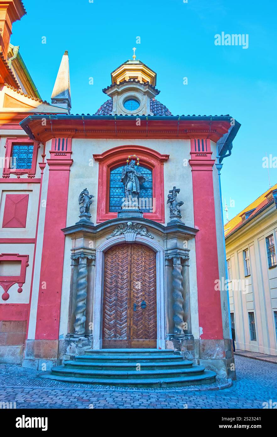 The sculptured facade of St John Nepomuk Chapel with slender solomonic ...