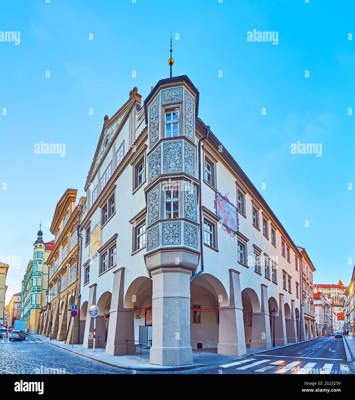 The medieval Velikovsky House with arcades and oriel window, decorated ...