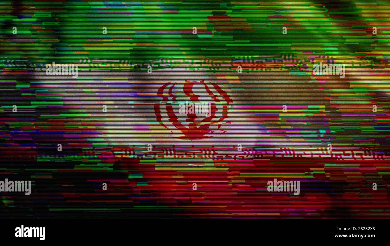 Iran digital technology flag cyber background. Iranian banner cyberattack and espionage concept ...