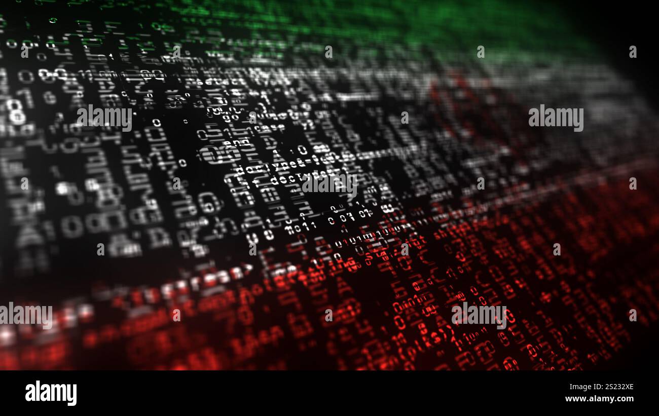Iran digital technology flag cyber background. Iranian banner cyberattack and espionage concept ...