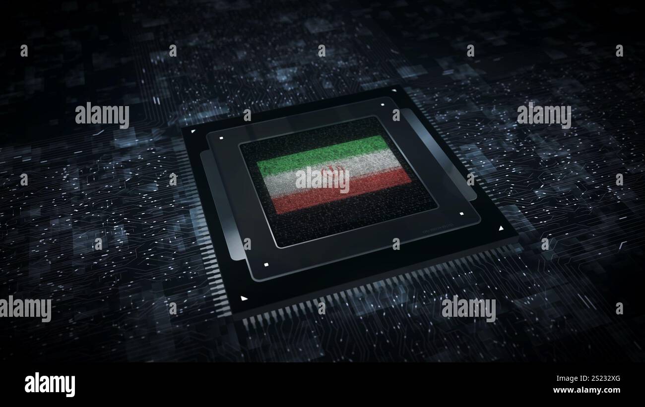 Iran digital technology flag cyber on on computer CPU in background. Iranian banner cyberattack ...