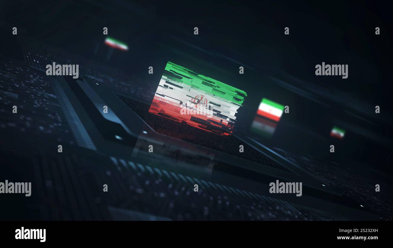 Iran digital technology flag cyber on on computer CPU in background. Iranian banner cyberattack ...