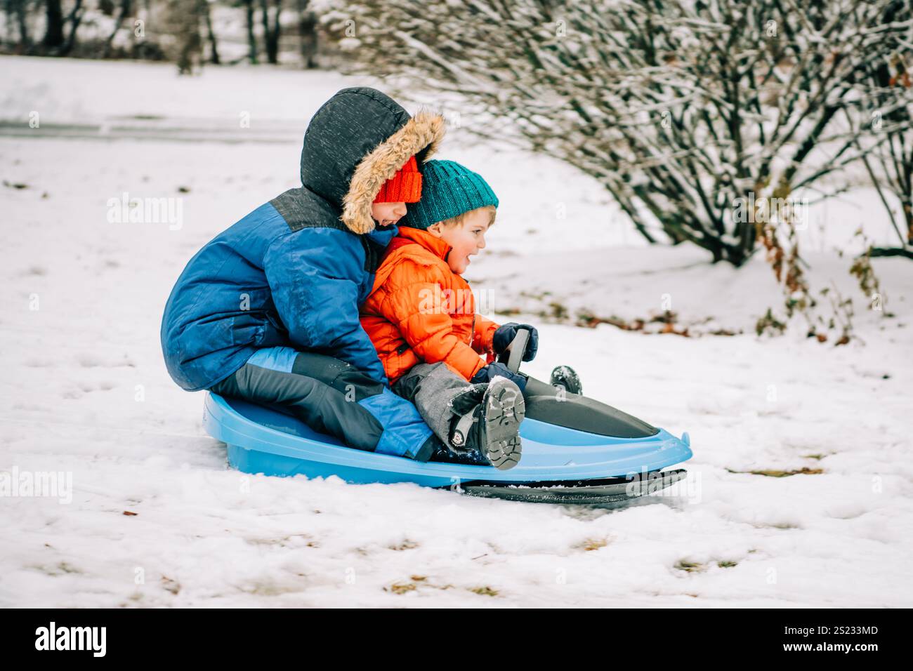 Siblings sledding through snowy fun with excitement and teamwork Stock ...