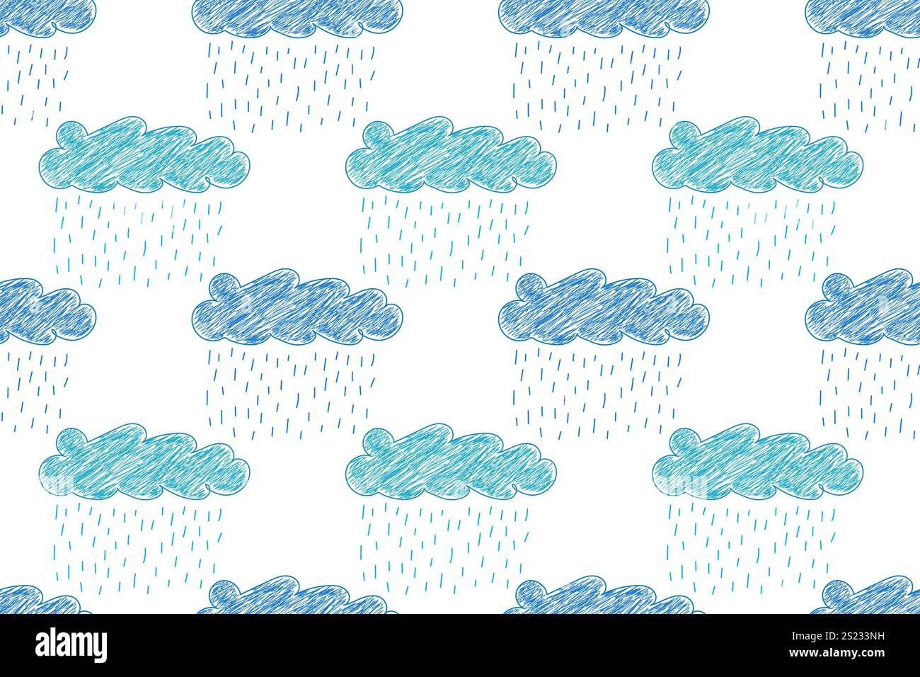 A seamless pattern of hand-drawn blue and teal rain clouds with sketch ...