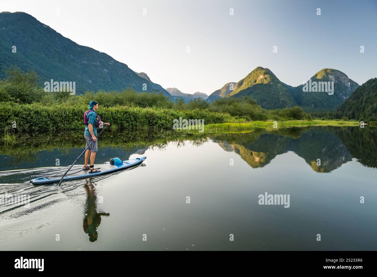 Side view of paddle boarding in scenic location, B.C. Canada Stock ...