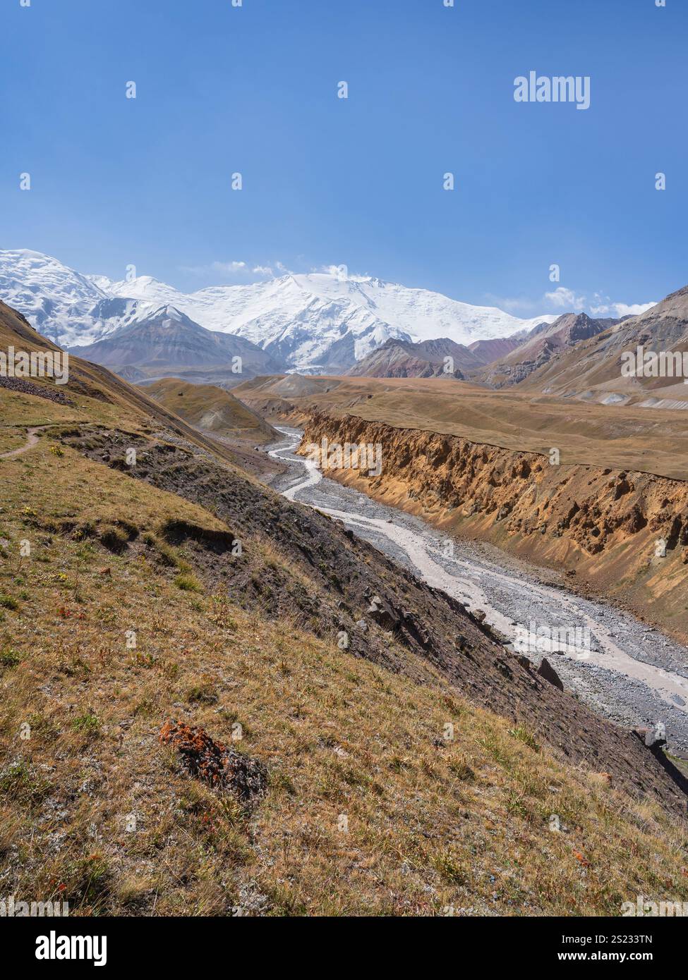 Vertical high altitude summer landscape view of Lenin Peak aka Ibn Sina ...