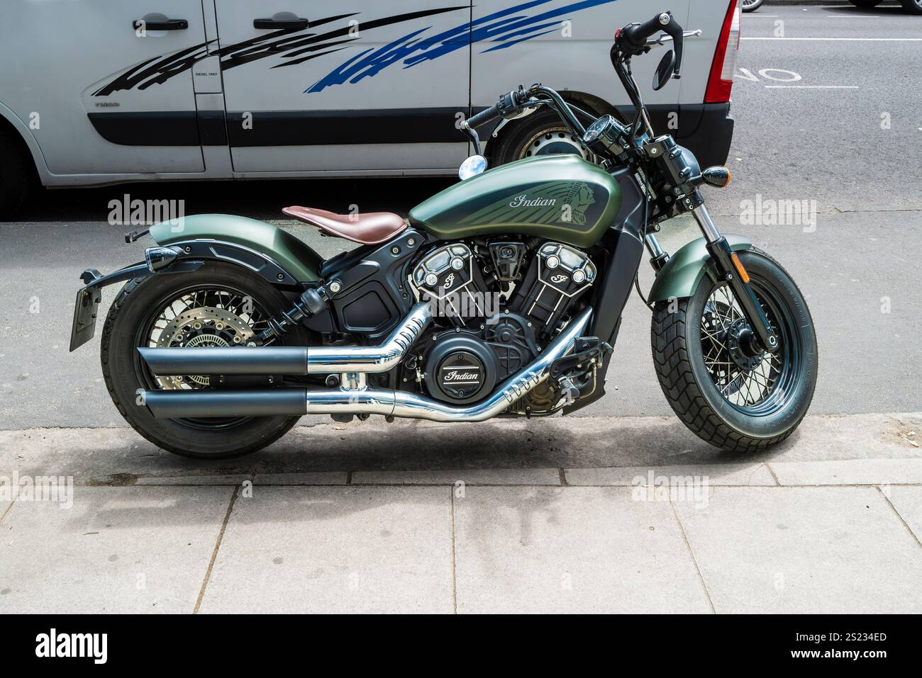 A Harley Davidson Indian Scout motorcycle parked on the roadside in ...
