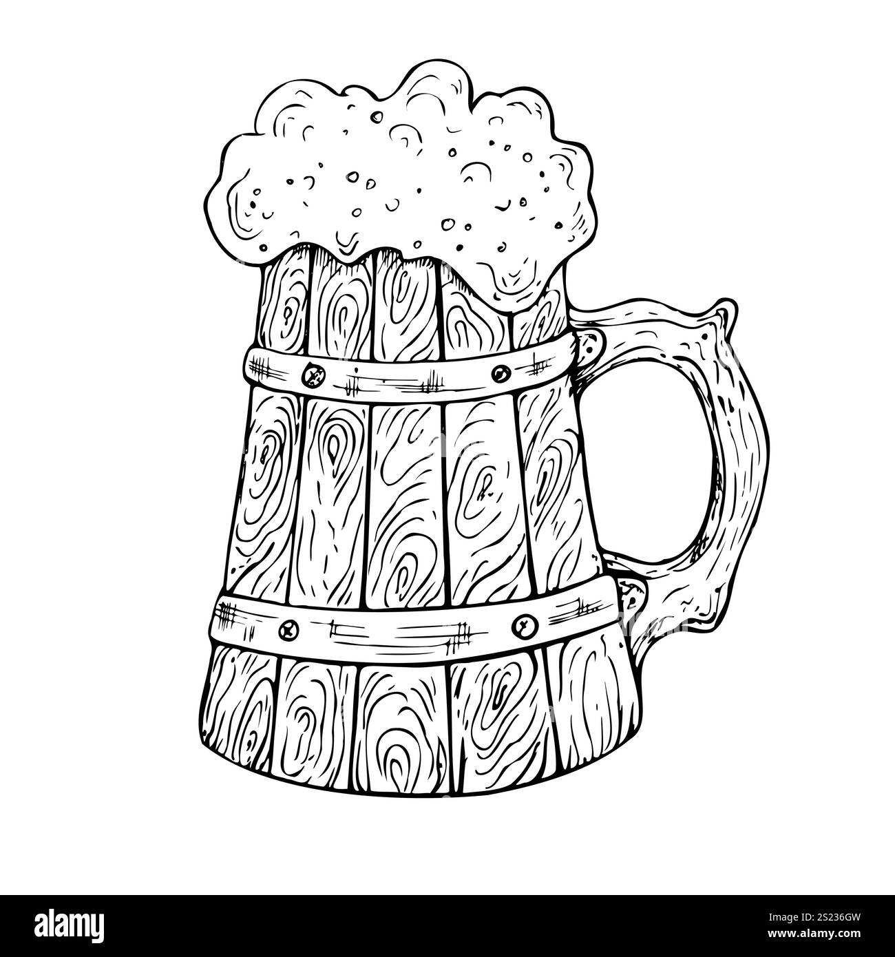 Vector old wooden mug with cap of foam. Graphic ink ale illustration ...
