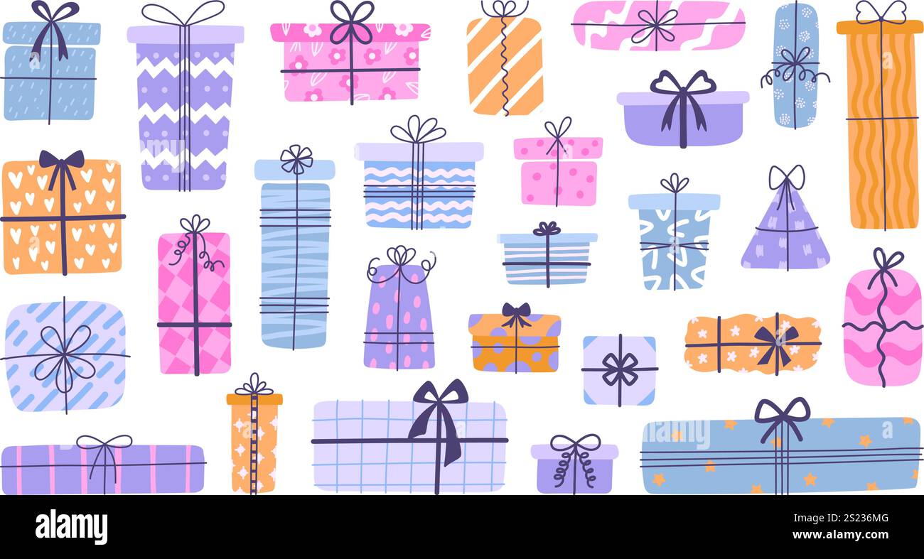 Gift boxes hand drawn. Isolated presents, shopping boxes decorated bows ...