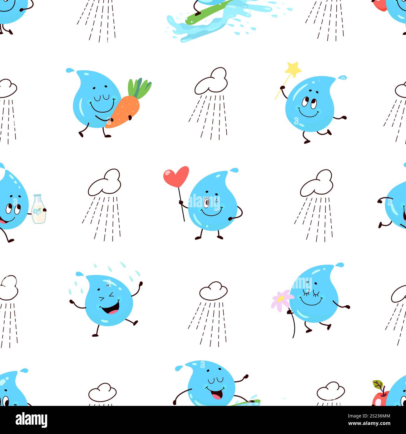 Cute water drops seamless pattern. Funny cartoon positive characters ...