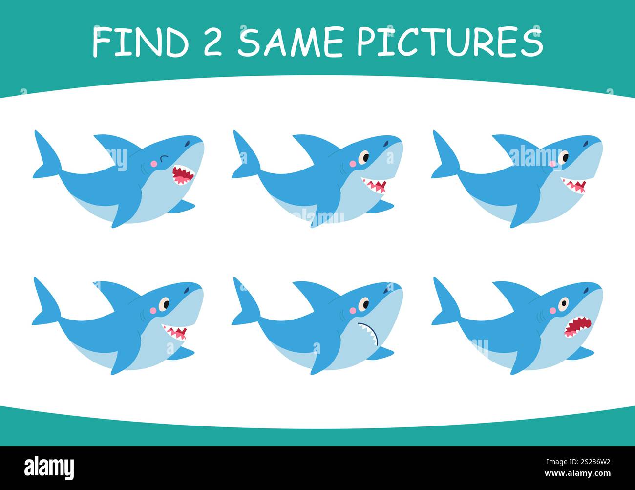 Find same pictures. Educational children game with cartoon funny shark ...