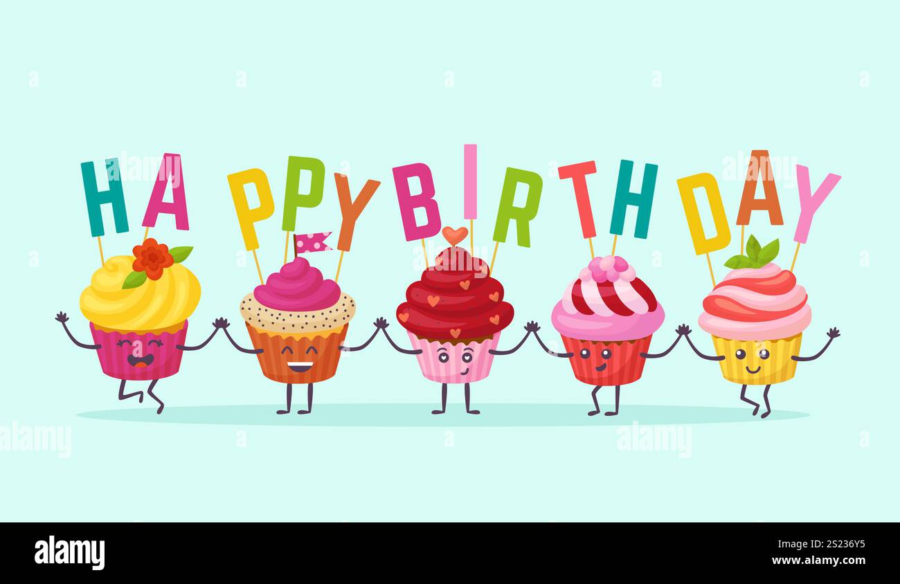 Birthday cupcakes card. Funny muffins with text happy birthday. Cartoon ...