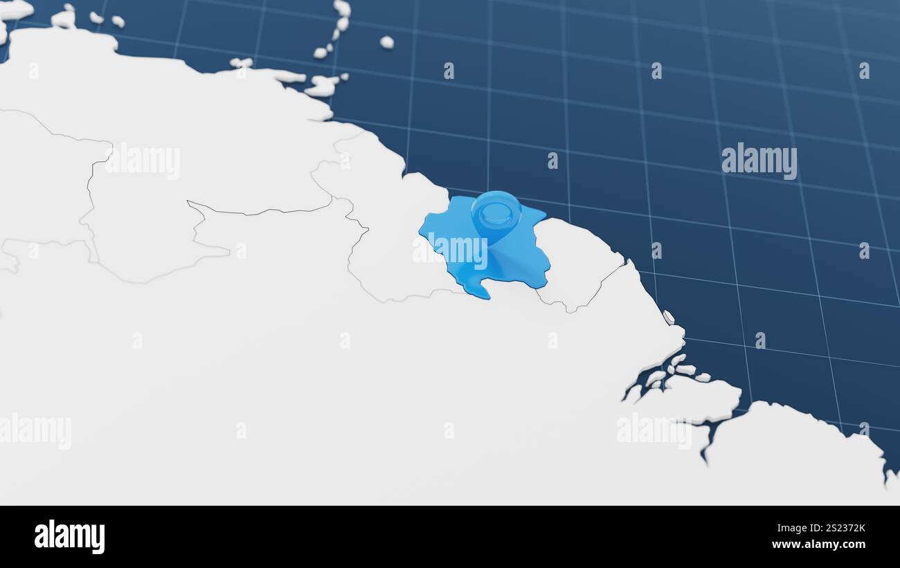 Blue Suriname 3d map with pointer pin surrounded with other countries ...