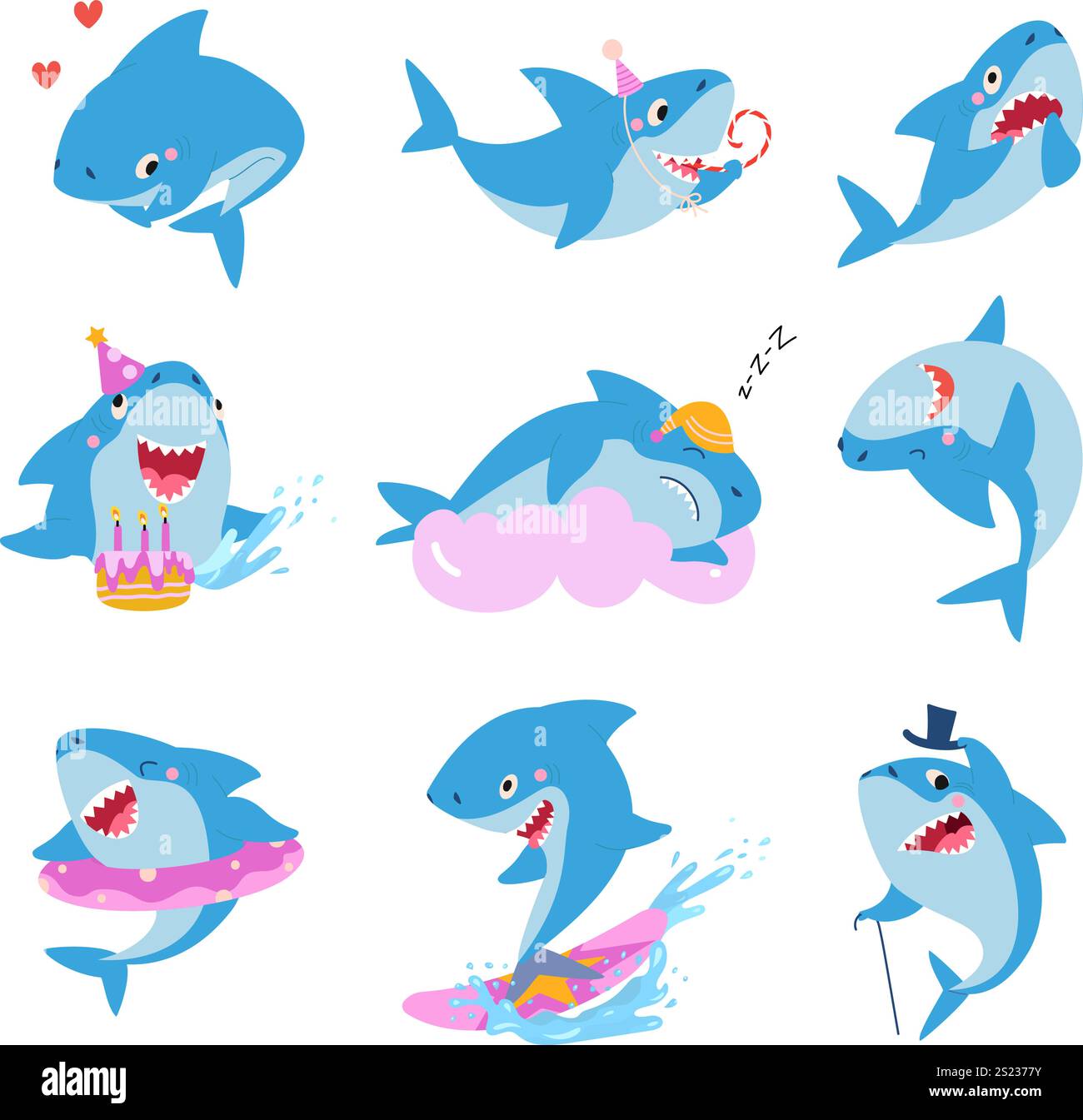 Cartoon funny sharks. Cute shark various emotions, ocean sea predator ...