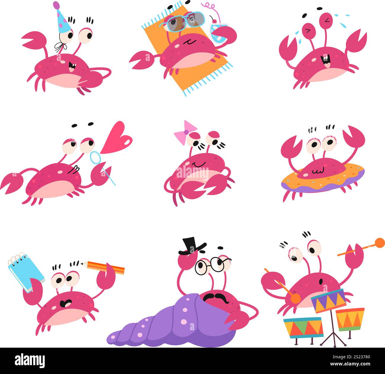 Cartoon crab. Funny crabs characters various emotions. Ocean sea animal ...