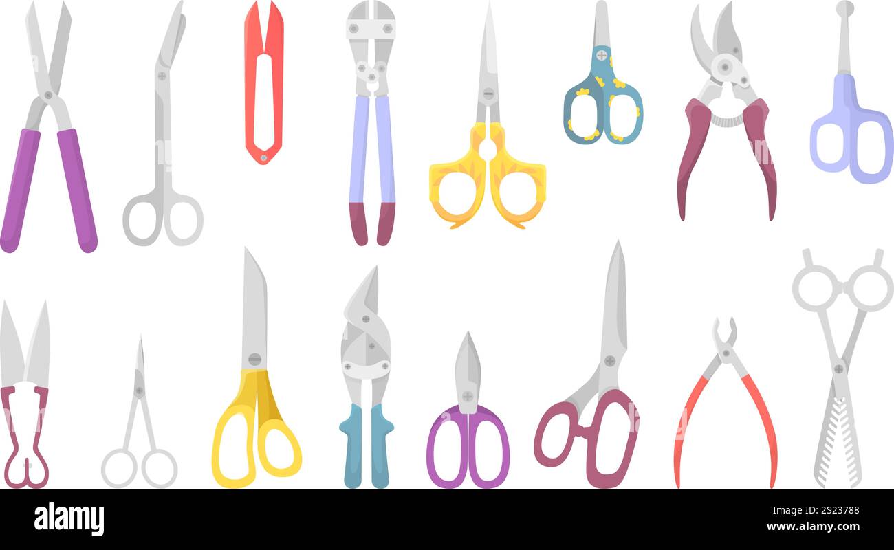 Different flat scissors. Isolated scissor and nippers, cutting ...