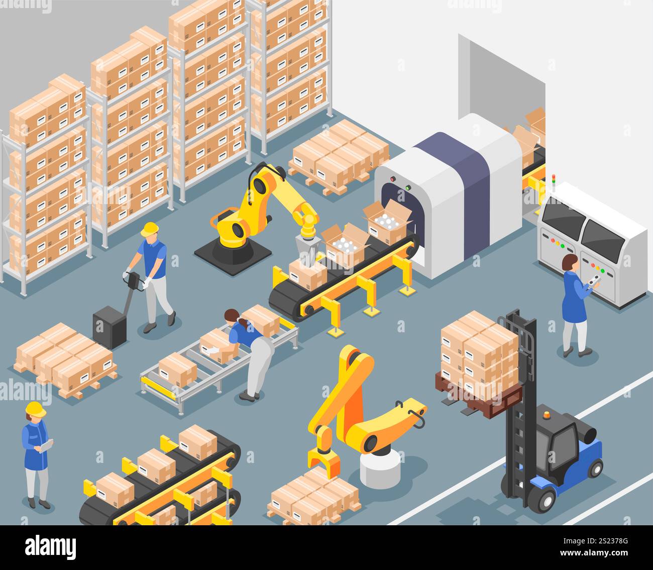 Isometric manufacturing. Workers working on assembly line, conveyor, with robotics arms and ...
