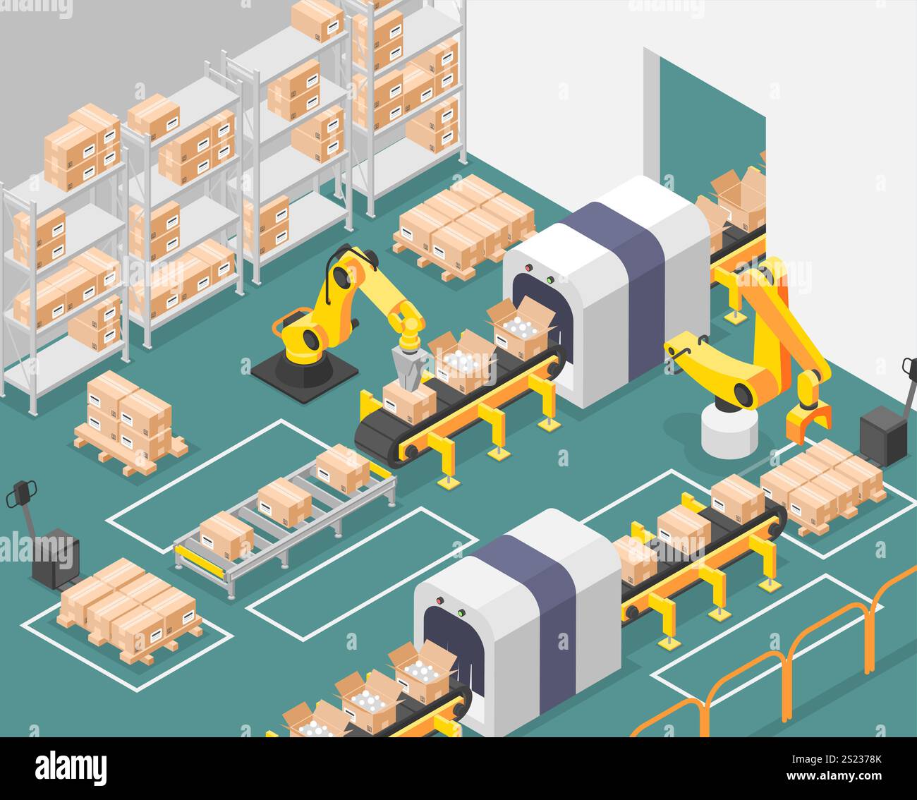Isometric manufacture interior. Automatic production line, robotic ...