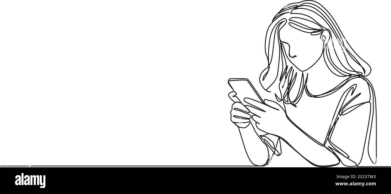 continuous line drawing of teenage girl using smartphone, line art ...