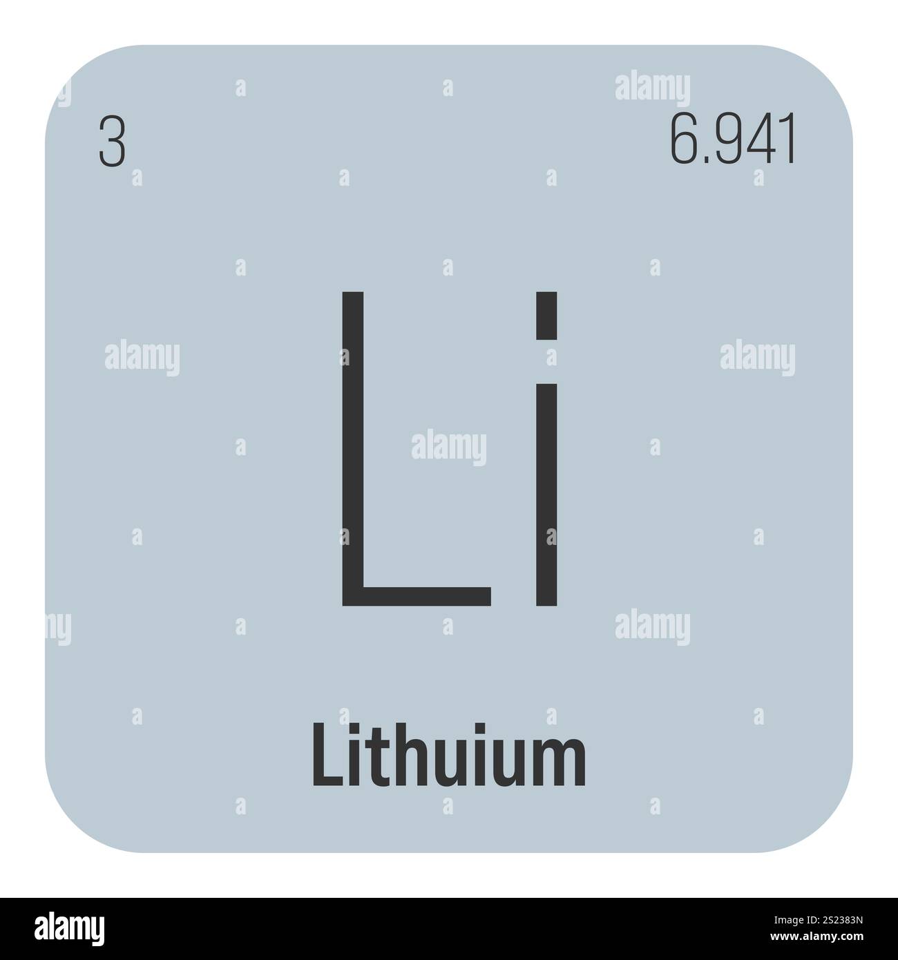 Lithium, Li, periodic table element with name, symbol, atomic number and weight. Alkali metal ...