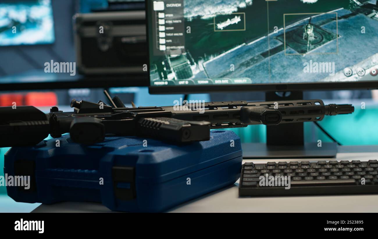 Weapons on table in empty control center housing operational missile ...